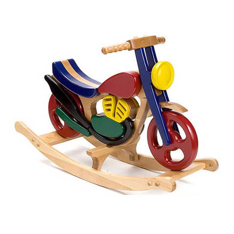 Mirage wooden rocking bike in primary colourful finish. Ride toy.